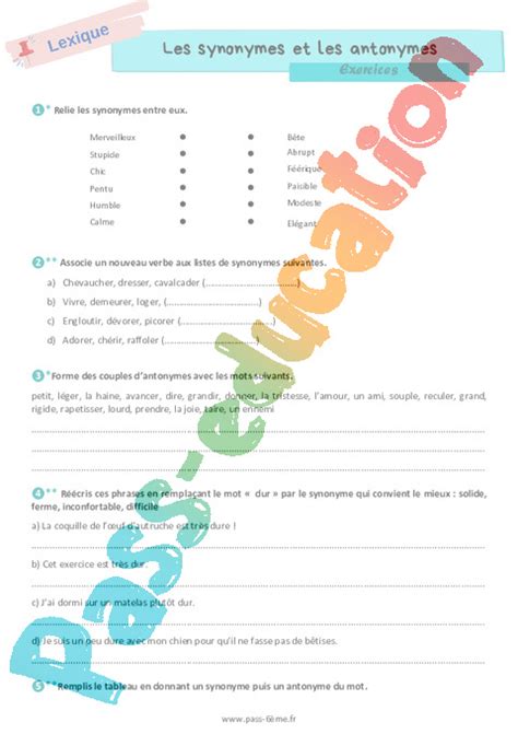 Les Synonymes Et Les Antonymes Exercices De Vocabulaire Pour La