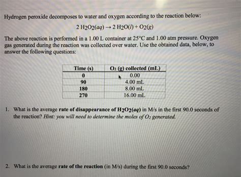 Solved Hydrogen Peroxide Decomposes To Water And Oxygen