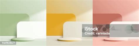 기하학적 배경이 있는 3d 현실적인 현대 녹색 노란색 분홍색 파스텔 색상 실린더 연단 스탠드 세트 0명에 대한 스톡 벡터 아트 및 기타 이미지 Istock