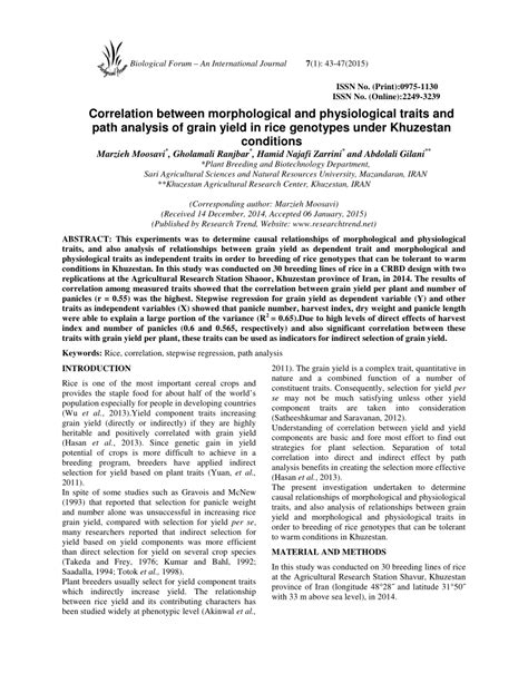 Pdf Correlation Between Morphological And Physiological Traits And Path Analysis Of Grain