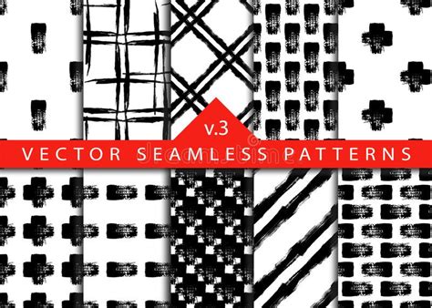 Set 10 Abstract Brush Seamless Patterns Stripe And Stroke Background In Black Color Geometrical