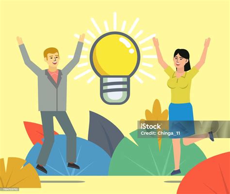 행복 한 남자와 여자는 큰 아이디어 전구 근처 점프 크리에이티브 팀 스타트업 소셜 미디어 웹 페이지 배너 프리 젠 테이 션을 위한 포스터 개념에 대한 스톡 벡터 아트 및