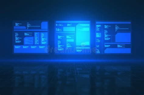 Floating Digital Screens With Code On A Neon Cyberspace Background Conveying A Futuristic