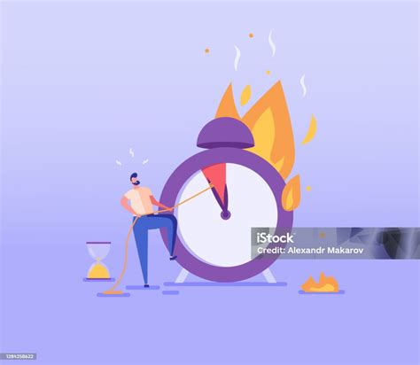 화재에 경보 불타는 시계 남자는 공황에 지치고 스트레스 시간 관리 마감일 자기 통제 자기 수양 사무실 생활의 개념 플랫 만화 디자인의 벡터 일러스트레이션 시간 낭비에 대한