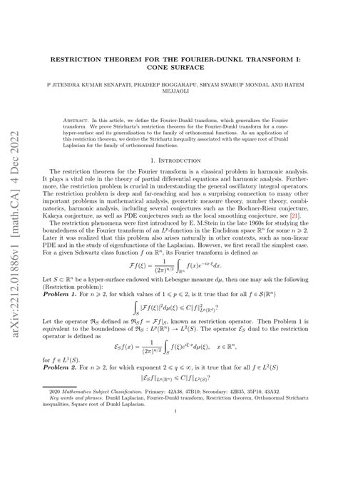 Pdf Restriction Theorem For The Fourier Dunkl Transform I Cone Surface