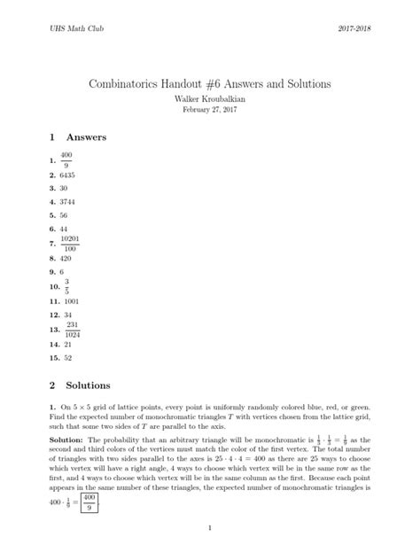Combinatorics 6 Solutions Uhsmc Pdf Expected Value Numbers