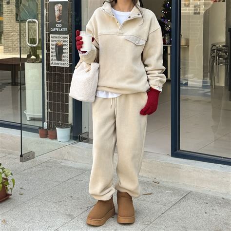 데일리앤 상하set♡따뜻기모후리스 로니브 여성 기모 트레이닝 세트 겨울 반목 티셔츠 조거팬츠 후리스 셋업 투피스