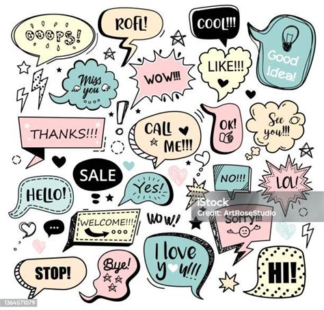 소셜 미디어에서 의사 소통을위한 낙서 스타일의 다른 단어와 색상 음성 거품의 집합 대화 풍선 문자 기호에 대한 스톡 벡터 아트 및 기타 이미지 대화 풍선 문자 기호 팝