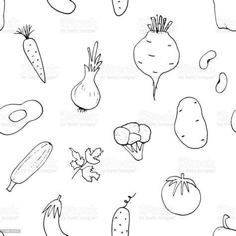 야채 완벽 한 패턴입니다 채식 건강 바이오 식품 배경 비건 유기농 에코 제품 후추 토마토 오이 당근 감자 아보카도 콩 및 완두콩 벡터 그림 생감자에 대한 스톡 벡터 아트 및