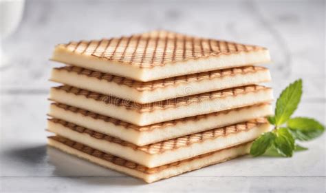 A Stack Of Six Square Wafers Sits On A White Countertop With A Sprig Of Fresh Mint Beside It
