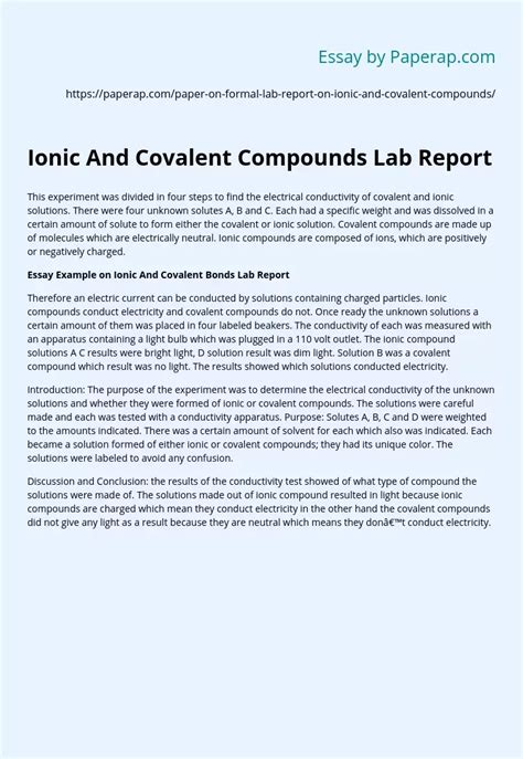 Ionic And Covalent Compounds Lab Report Free Essay Example