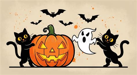 Halloween Scene With Black Cats Jack O Lantern Ghost And Bats Stock