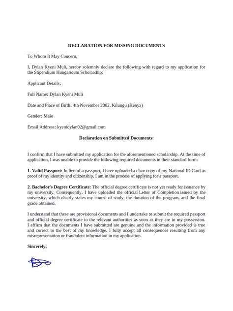 Declaration For Missing Documents Pdf