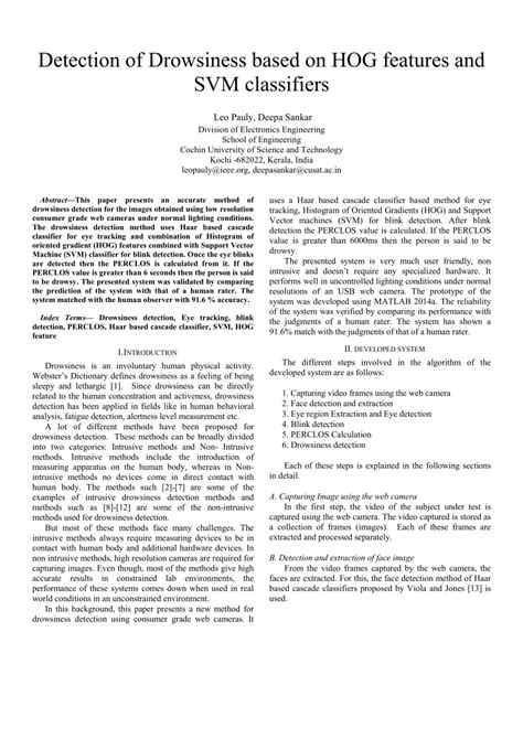 pdf detection of drowsiness based on hog features and svm classifiers