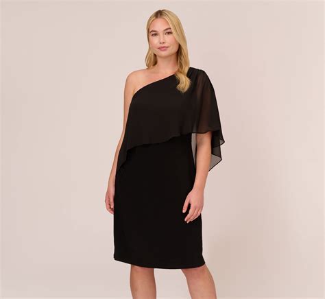 Plus Size One Shoulder Dress With Chiffon Cape In Black Adrianna Papell