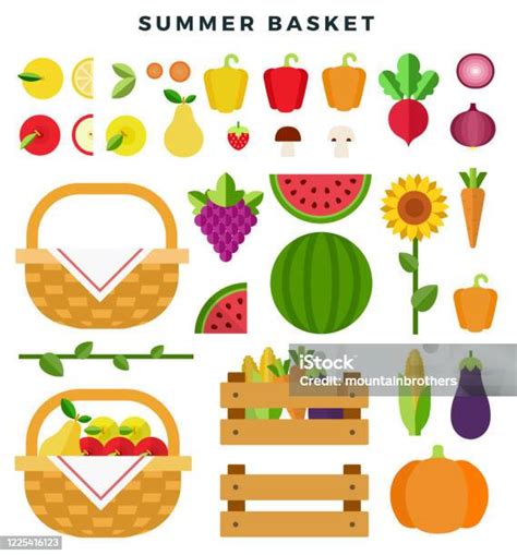 신선한 과일과 채소를 곁들인 여름 바구니 건강한 식생활 개념 과일 야채 해바라기 흰색 배경에 고립 벡터 플랫 일러스트레이션입니다 소풍 바구니에 대한 스톡 벡터 아트 및 기타