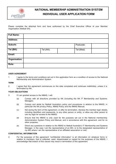 Individual User Form Mid Hills Netball Association Netball Australia