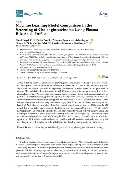 Pdf Machine Learning Model Comparison In The Screening Of Cholangiocarcinoma Using Plasma Bile