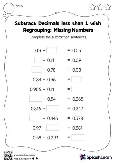 Subtract Decimals Less Than 1 With Regrouping Missing Numbers Worksheet