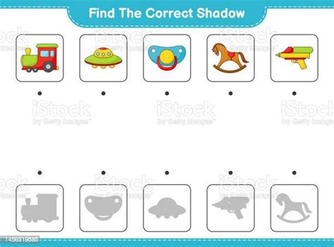 올바른 그림자를 찾으십시오 기차 Ufo 젖꼭지 물총 흔들 목마의 올바른 그림자를 찾아 일치시킵니다 교육 어린이 게임 인쇄 워크시트 벡터 일러스트 레이 션 0명에 대한 스톡