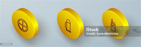 아이소메트릭 라인 스나이퍼 광학 조준경 보온병 용기 및 라이터 아이콘을 설정합니다 벡터 3차원 형태에 대한 스톡 벡터 아트 및