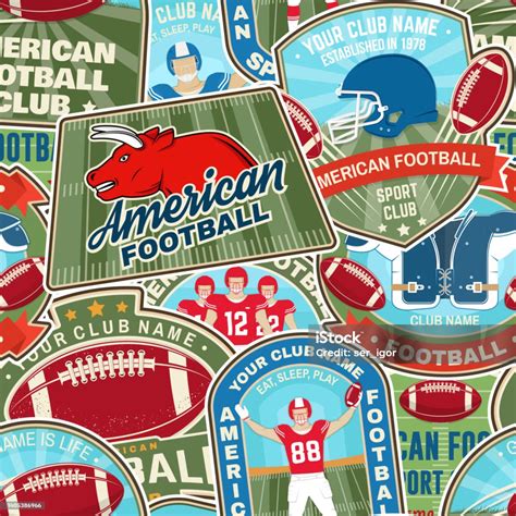 미식 축구 또는 럭비 클럽 원활한 패턴 벡터 일러스트레이션 배경 화면 황소 미국 축구 스포츠맨 선수 헬멧 공 및 어깨 패드와 배경 Championship에 대한 스톡 벡터