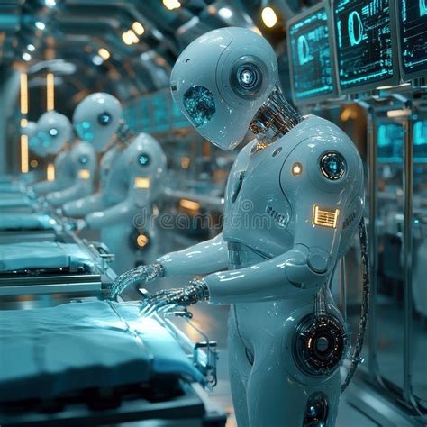 A Futuristic Lab Showcases High Tech Robotics Humanoid Robots Equipped With Screens