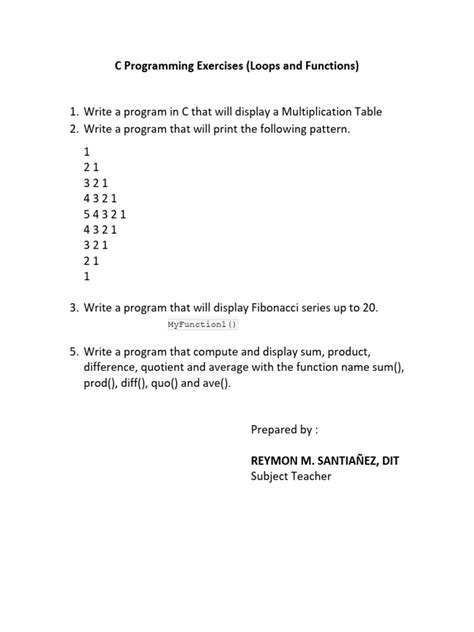 c programming exercise loop and functions pdf