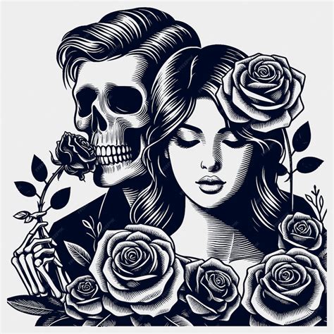 Uomo Scheletro E Rose Silhouette Vettore Svg File Teschio Con Fiore Svgfloral Teschio Svg