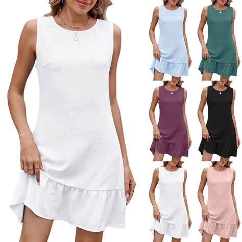 Axiiglly Summer Dresses For Women Crew Neck Mini Dress Sleeveless Solid