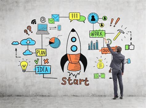 Premium Photo Man Drawing Startup Sketch On A Wall