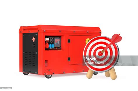 중앙에 있는 양궁 표적 그리고 다트를 가진 비상사태를 위한 큰 빨강 외부 보조 전력 발전기 디젤 엔진 3d 렌더링 가솔린에 대한 스톡 사진 및 기타 이미지 Istock