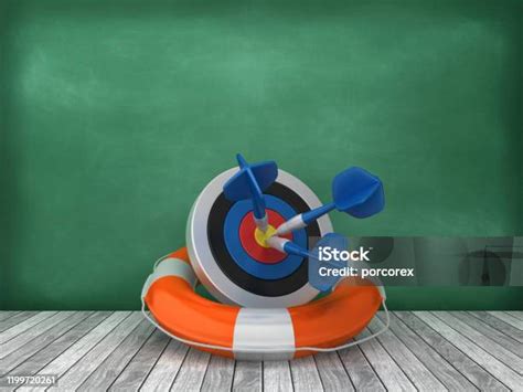 나무 바닥에 대상과 다트가있는 생명 벨트 칠판 배경 3d 렌더링 3차원 형태에 대한 스톡 사진 및 기타 이미지 3차원 형태 Sos 경쟁 Istock
