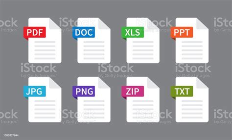 문서 파일 형식 아이콘입니다 회색 배경에서 격리된 파일 유형입니다 Pdf Doc Xls Ppt  Png Zip Txt 벡터 일러스트레이션 아이콘에 대한 스톡 벡터 아트