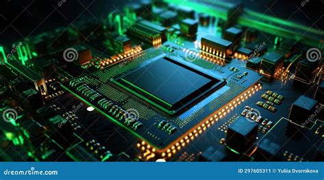 Heart Of The Machine Microprocessor In Green Glow Motherboad