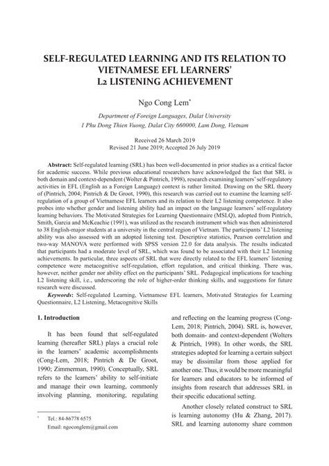 Pdf Self Regulated Learning And Its Relation To Vietnamese Efl Learners L2 Listening Achievement