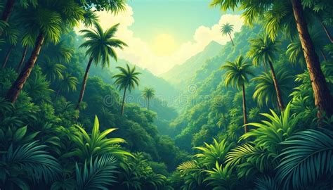 Panoramic Illustration Of Dense Jungle Wild Forest With Palm Trees