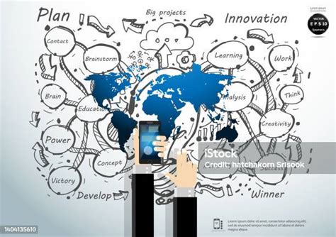 현대 아이디어와 개념 Businessdesign 일러스트레이션은 창의력을 생각합니다 브레인 스토밍 소셜 네트워크 성공 계획 생각 검색 분석 의사 소통 미래 지향적 인