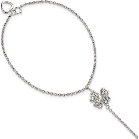 Sterling Silver Rh Plat Polished Cz Four Leaf Clover Attached Ring