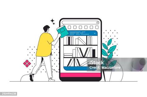 온라인 도서관 개요 웹 개념 현대 플랫 라인 디자인 모바일 앱에서 책을 읽고 인터넷 서점에서 디지털 책을 구입하고 스마트폰에서 파일 아카이브를 저장하는 사람 벡터 일러스트