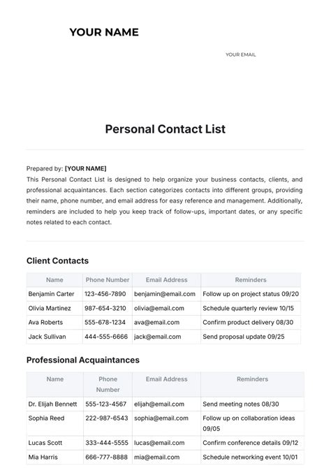 Free Contact List Templates Editable And Printable