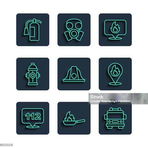 라인 비상 전화 화재 소방차 위치 불꽃 소방관 헬멧 소화전 소화기 및 아이콘과 함께 팬을 설정합니다 벡터 교통수단에 대한 스톡 벡터 아트 및 기타 이미지 Istock