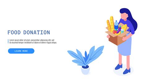 자원봉사와 기부 음식 기부와 함께 자원 봉사 식료품 으로 상자를 들고 있는 여성 등분 메트릭 벡터 웹 배너입니다 개념에 대한 스톡 벡터 아트 및 기타 이미지 Istock