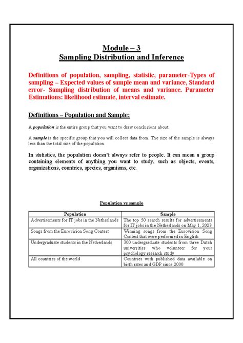 Sampling Distribution And Inference Module 3 Sampling Distribution