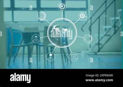 Network Of Interconnected Icons And Data Processing Animation Over Office Setting Technology