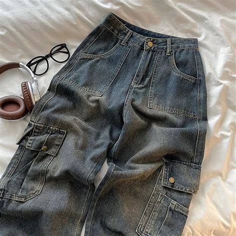 미국 빈티지 카고 청바지 2023 가을 새로운 여성 의류 높은 허리 느슨한 슬리밍 다목적 넓은 다리 바지 패션 위시버킷