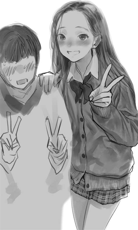 Safebooru 1boy 1girl Blush Bow Bowtie Fingernails Greyscale Haguhagu