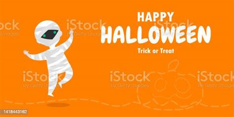 해피 할로윈 트릭 또는 플랫 스타일 미라와 재미있는 파티 축하 초대장 배너 템플릿 포스터 배경 벡터 일러스트 레이 션을 치료 10월에 대한 스톡 벡터 아트 및 기타 이미지