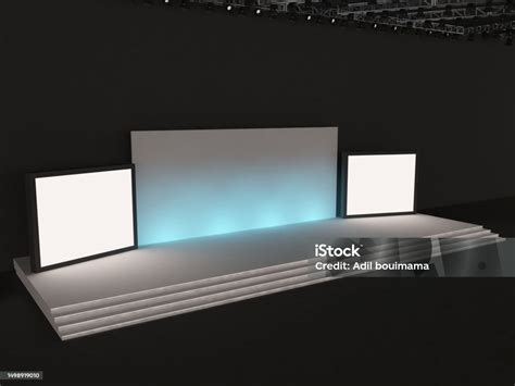 Event 빈 스테이지 투시도입니다 프로젝션을 위한 직사각형 스크린과 2개의 측면 정사각형 Led 스크린 및 천장 스포트라이트
