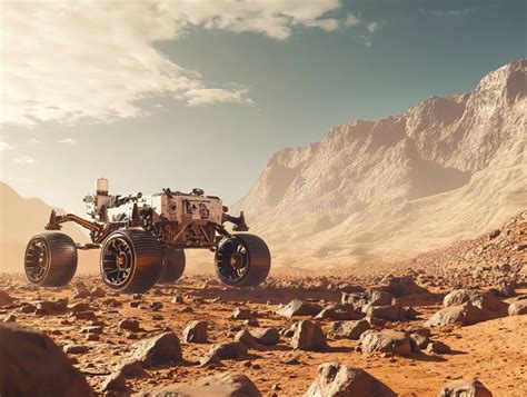 Robotic Rover Investigates Rocky Terrain On Mars While Transmitting